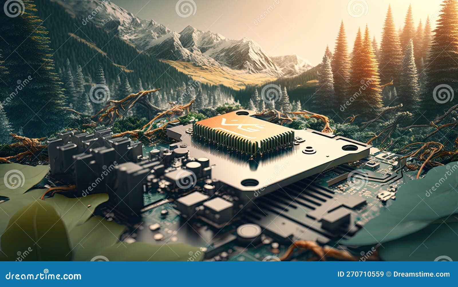 Large Cpu, Microchips and Motherboard Blended with Valley, Mountains ...