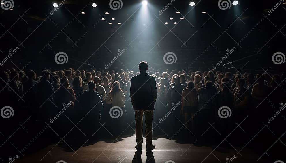 Large Crowd Applauds As Musician Performs on Backlit Stage Backdrop ...