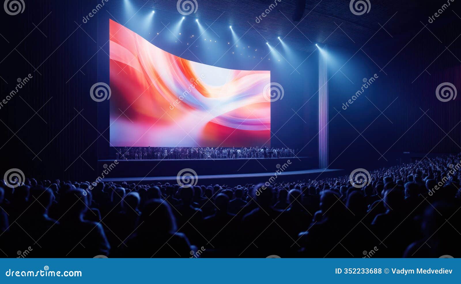 Large Crowd Attends Tech Event with Digital Displays. Big Screen Shows ...