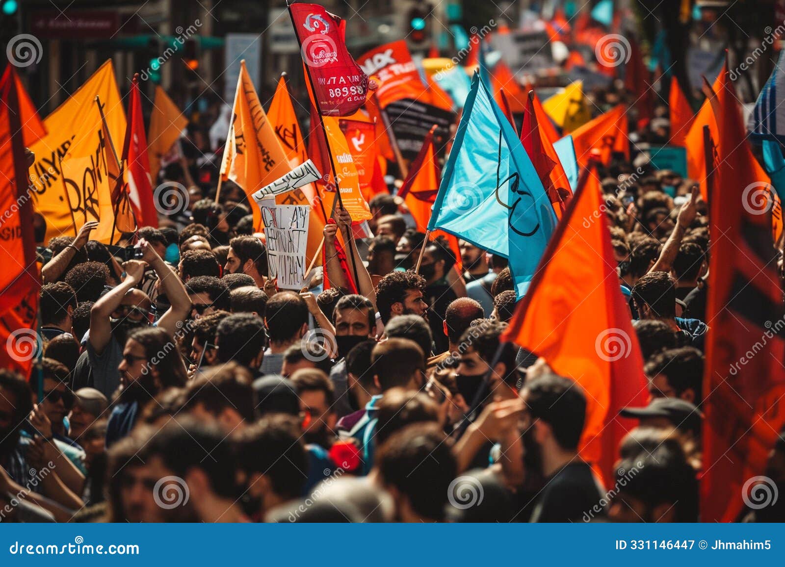 Large Crowd of People Protesting in the Street with Flags and Signs ...