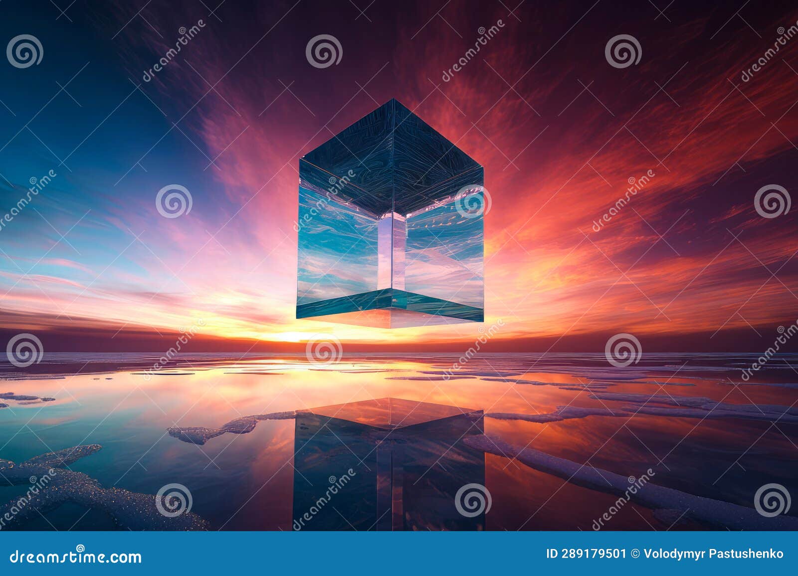 Large Cube is Floating in the Water at Sunset or Sunrise. Generative AI ...