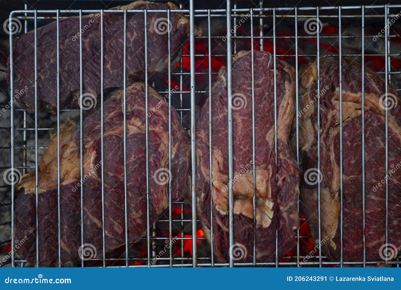 Large Cuts of Beef Meat on the Grill Rack Stock Image - Image of grid ...