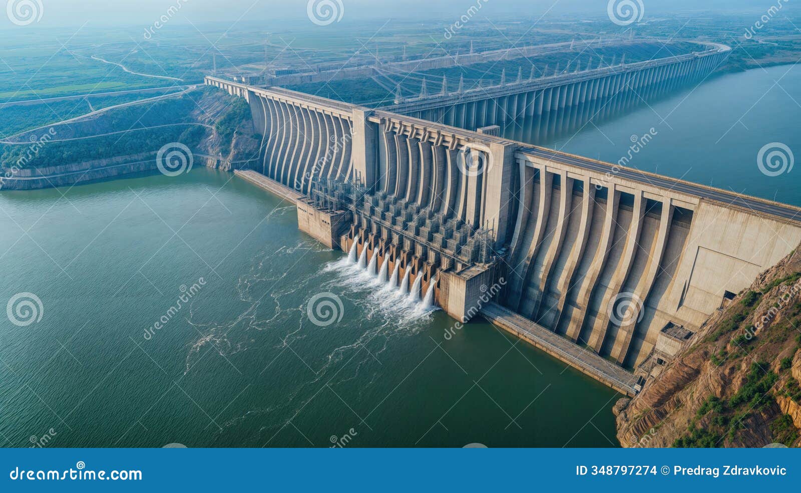 Large Dam with Multiple Gates, Releasing Water into a River Stock ...