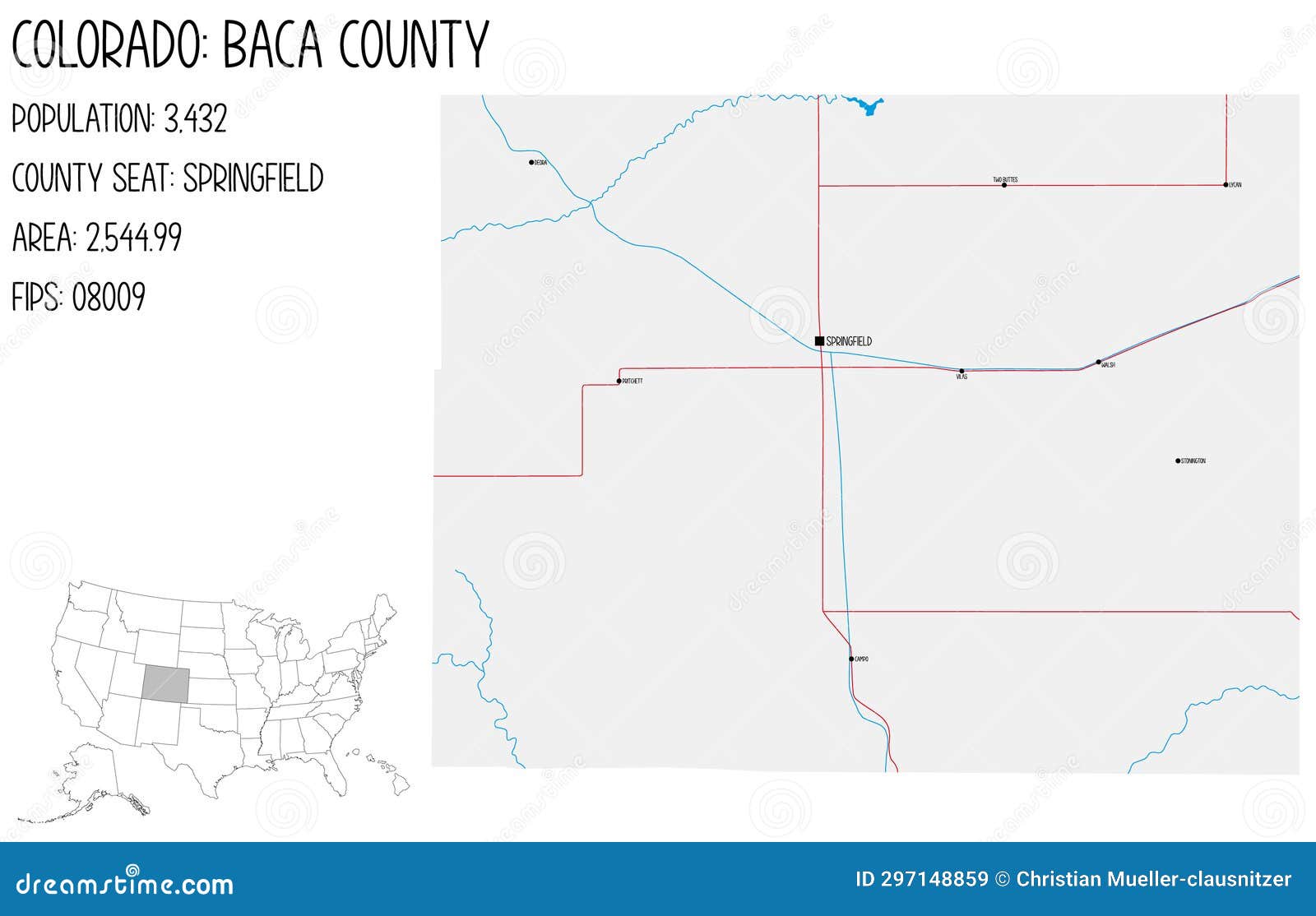 Detailed Map of Baca County in Colorado, USA Stock Vector ...