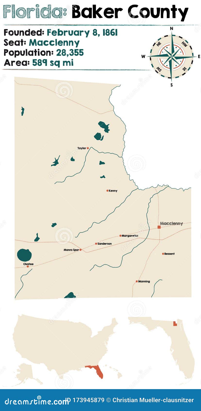 Map of Baker County in Florida Stock Vector - Illustration of county ...