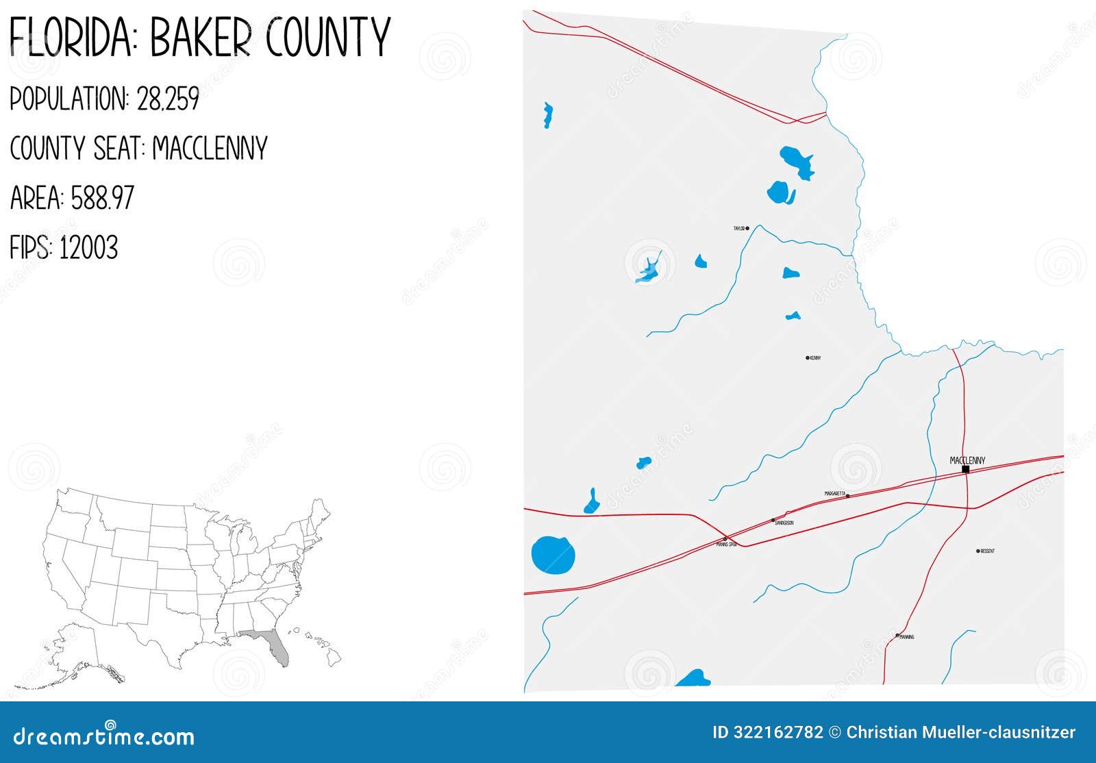 Map of Baker County in Florida, USA Stock Vector - Illustration of city ...