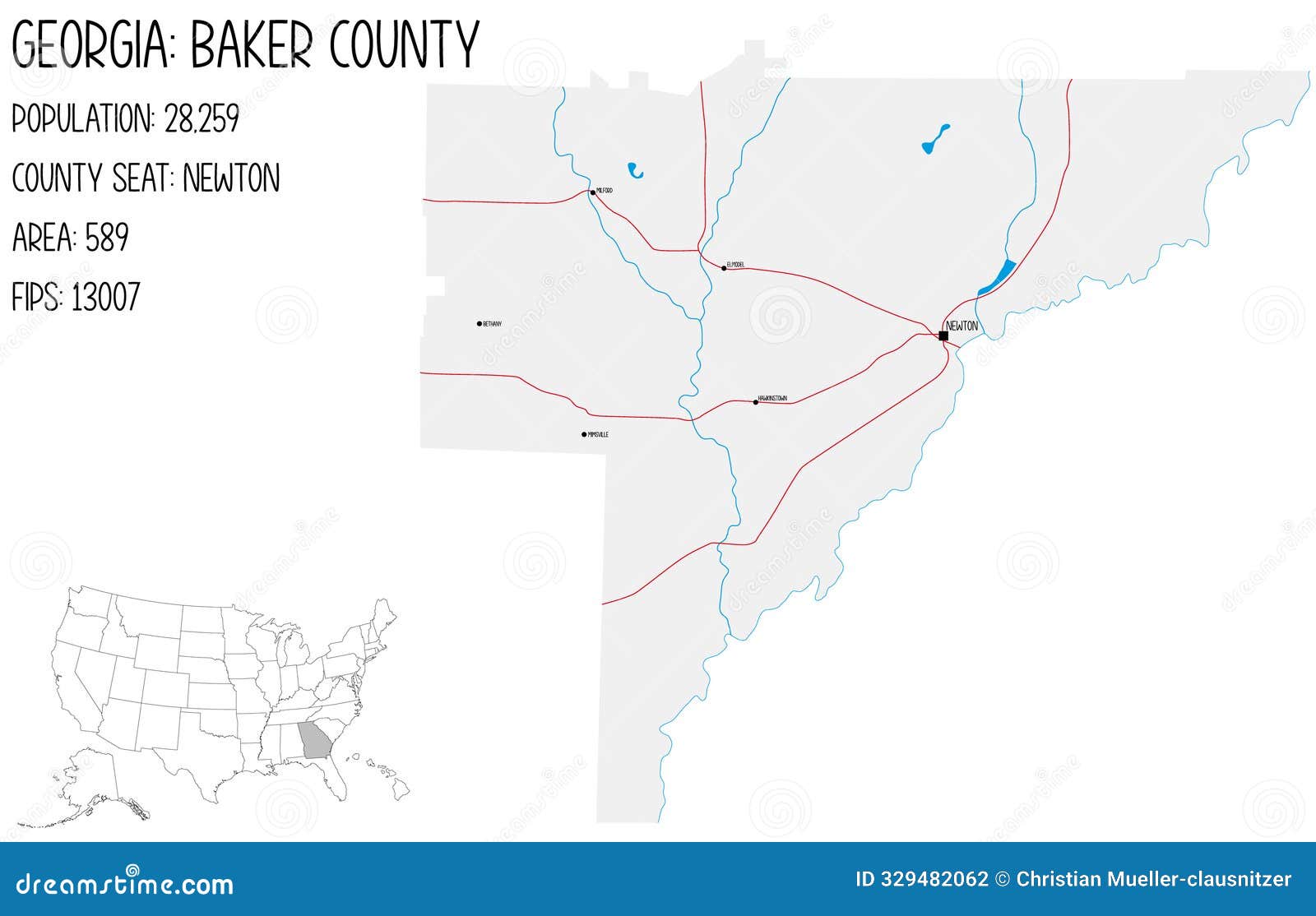 Large and Detailed Map of Baker County in Georgia Stock Illustration ...