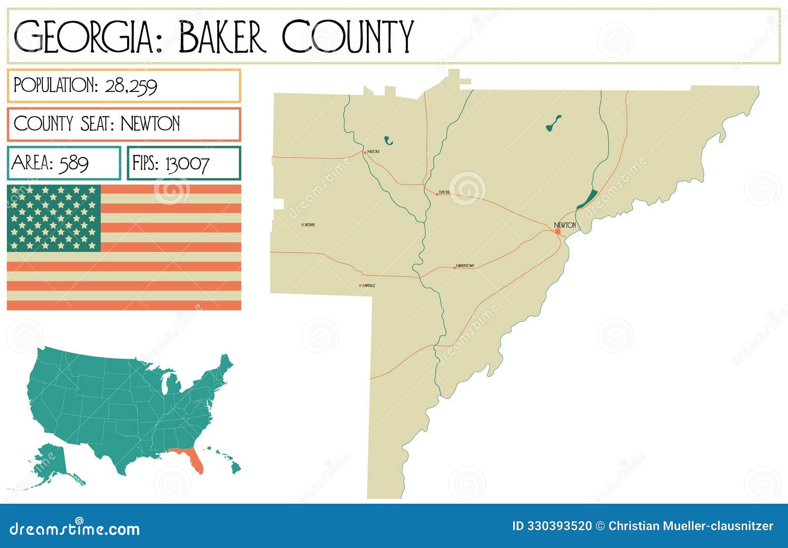 Large and Detailed Map of Baker County in Georgia Stock Vector ...