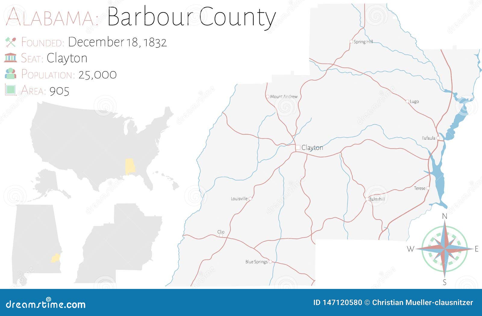 Map of Barbour County in Alabama Stock Vector - Illustration of freeway ...