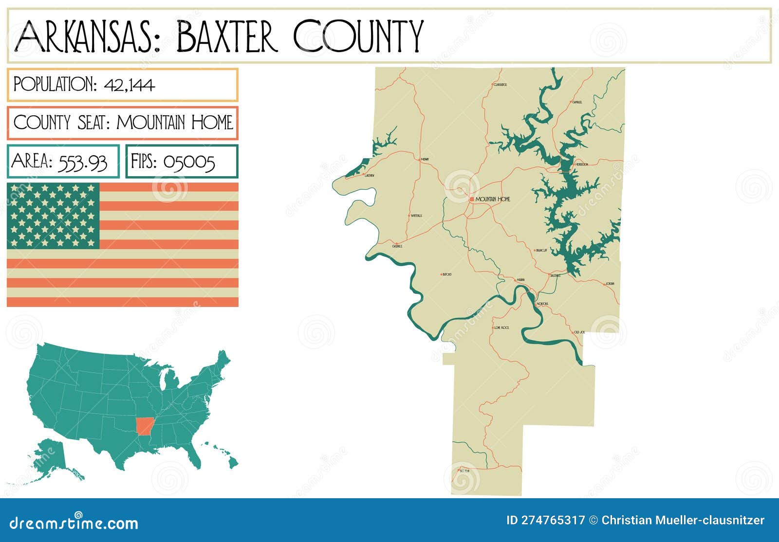 Map of Baxter County in Arkansas, USA. Stock Vector - Illustration of ...