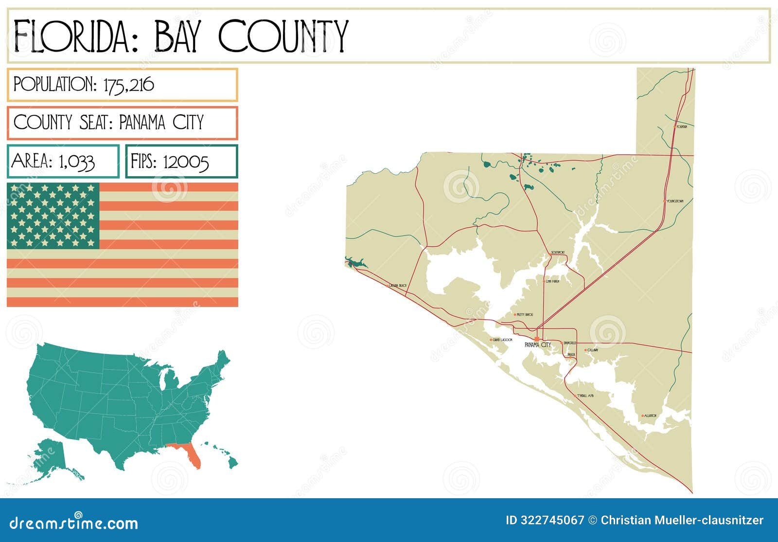 Large and Detailed Map of Bay County in Florida Stock Vector ...