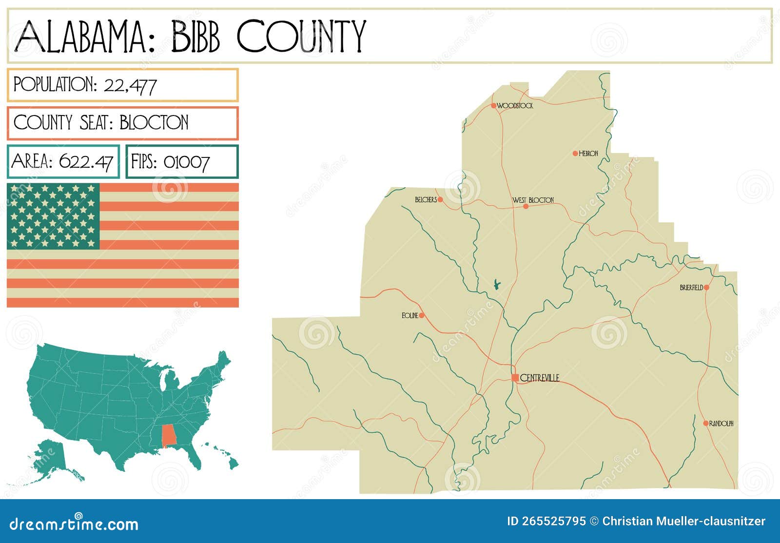 Map of Bibb County in Alabama, USA. Stock Vector - Illustration of ...