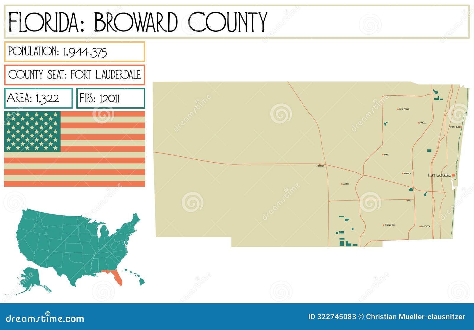 Map of Broward County in Florida USA Stock Vector - Illustration of ...
