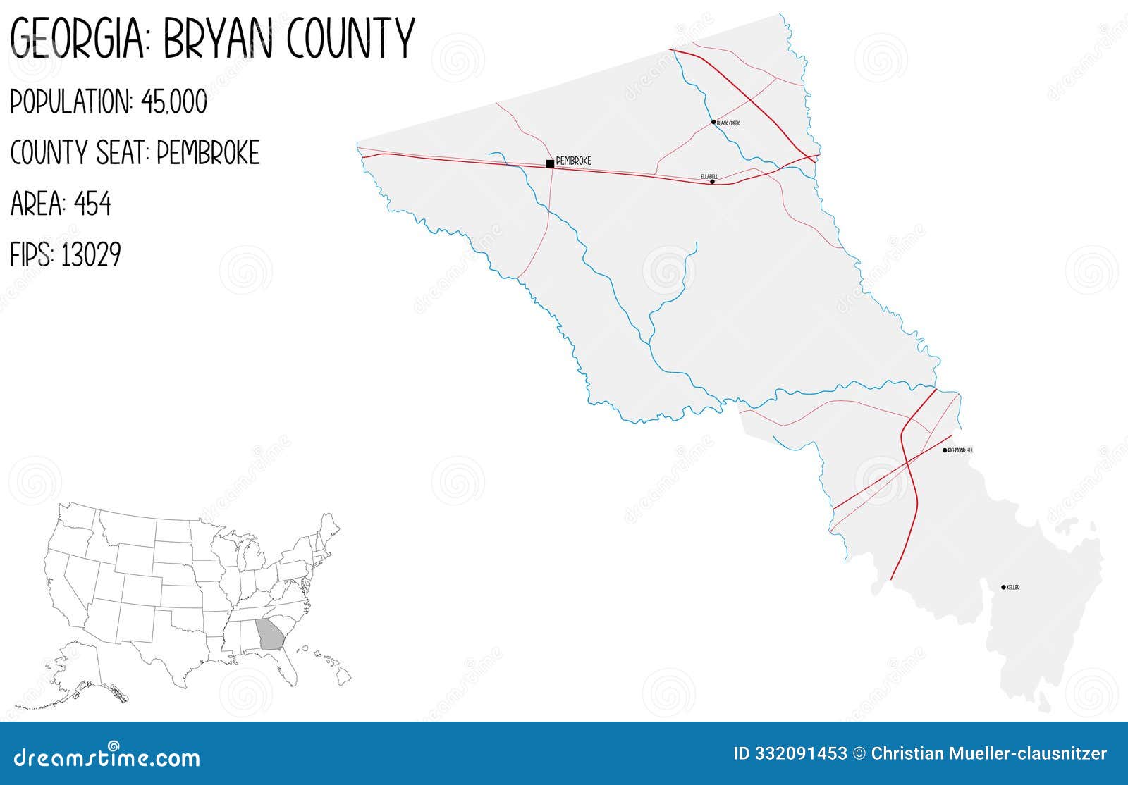Map of Bryan County in Georgia, USA Stock Illustration - Illustration ...