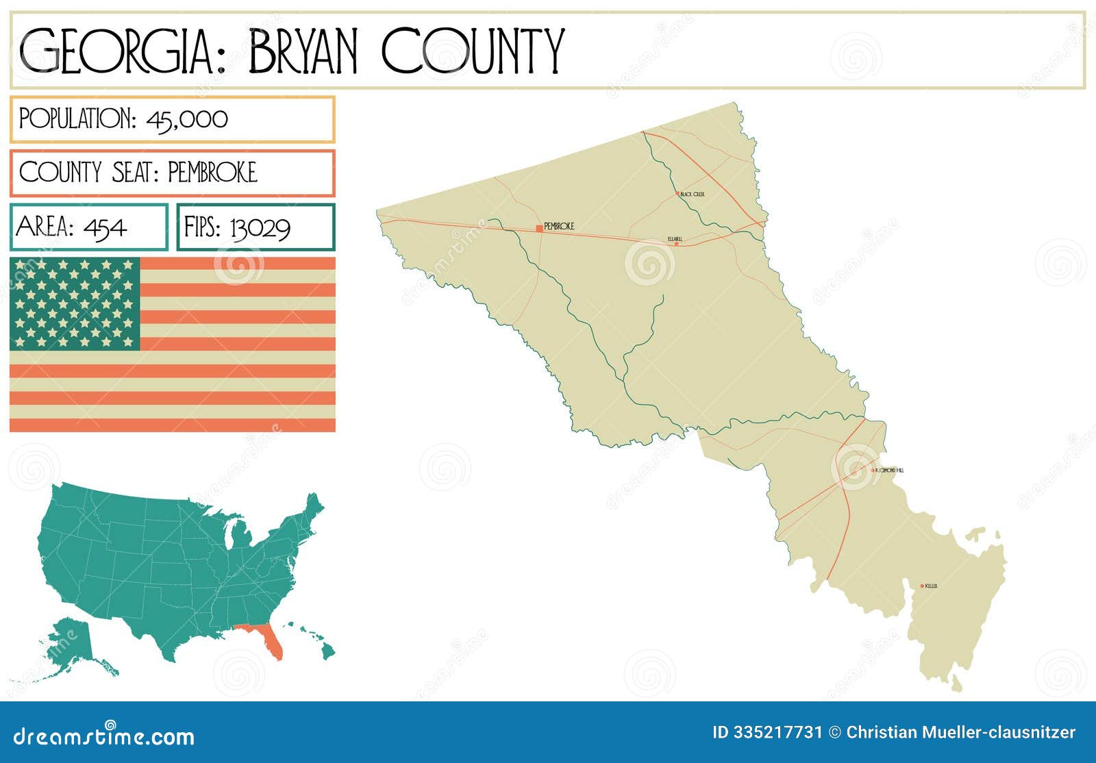 Map of Bryan County in Georgia USA Stock Vector - Illustration of state ...