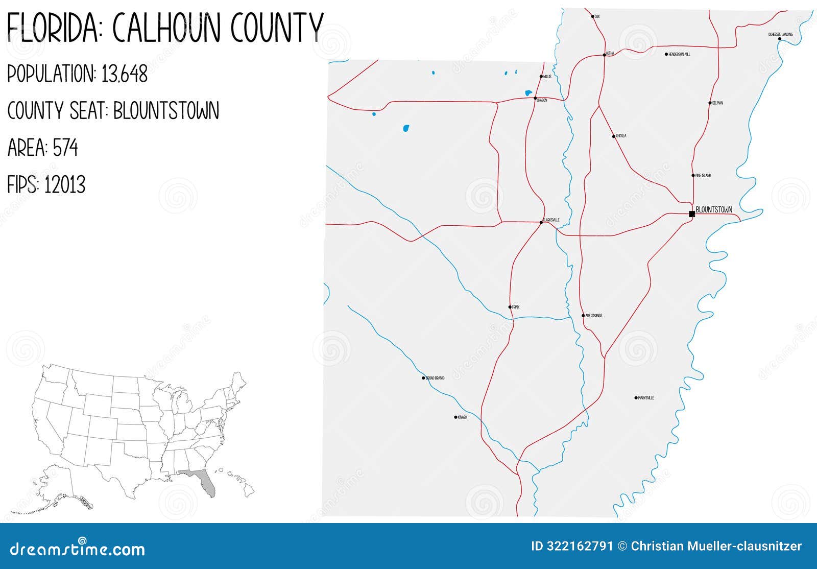 Map Of Calhoun County In Mississippi State On White Background. Single ...