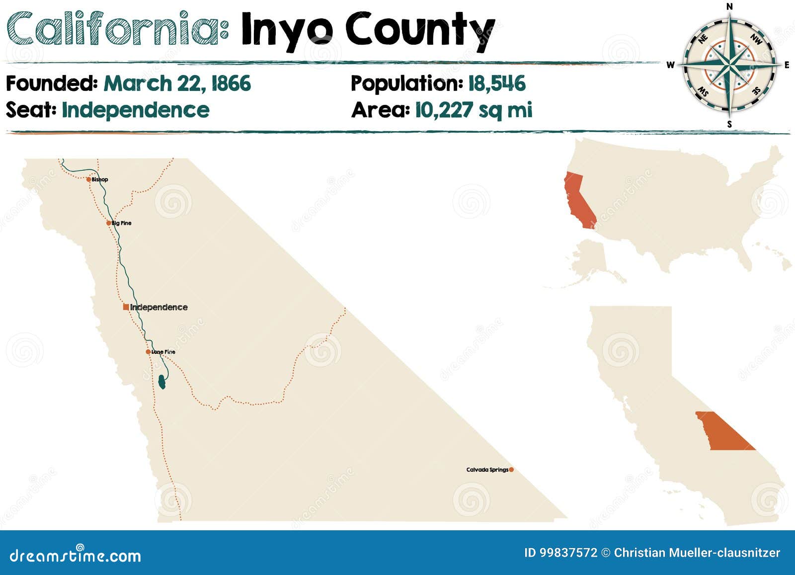 California: Inyo County Map Stock Vector - Illustration of brown, north ...