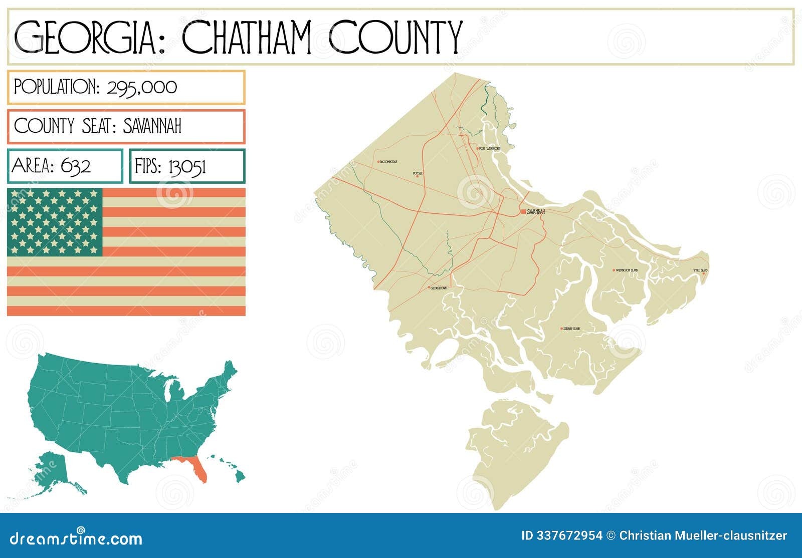 Large and Detailed Map of Chatham County in Georgia Stock Illustration ...