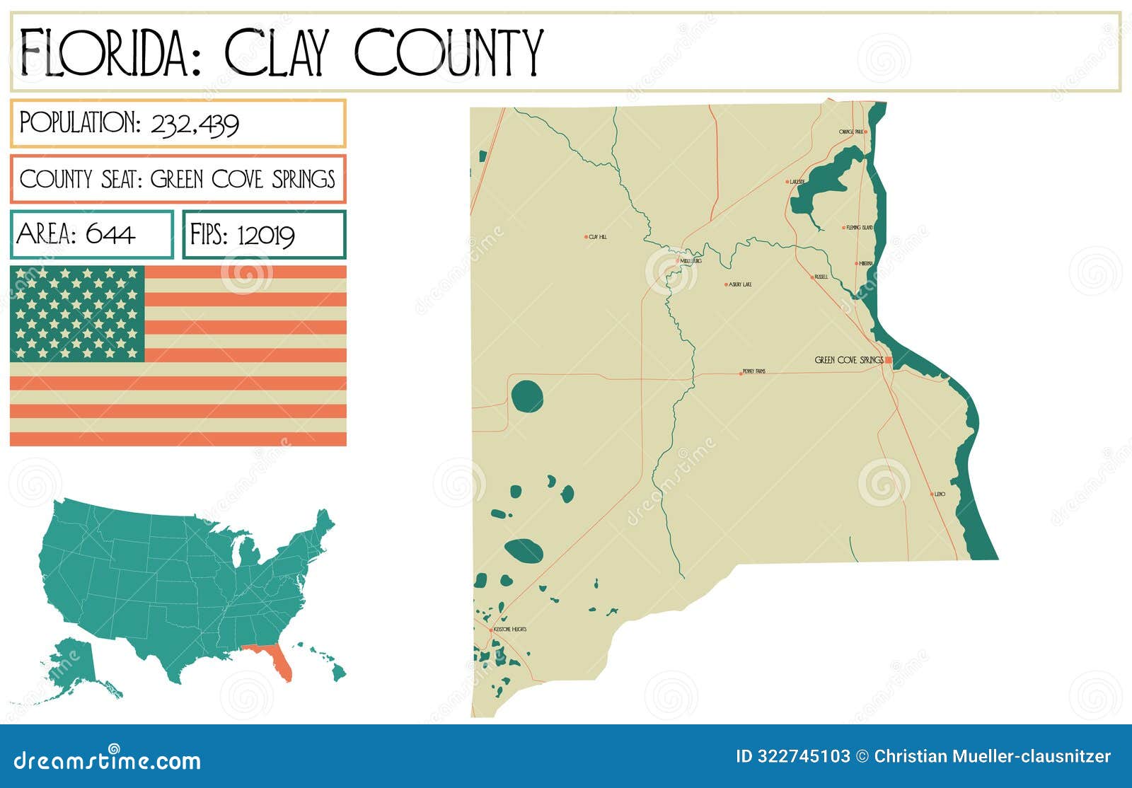 Map of Clay County in Florida USA Stock Vector - Illustration of state ...