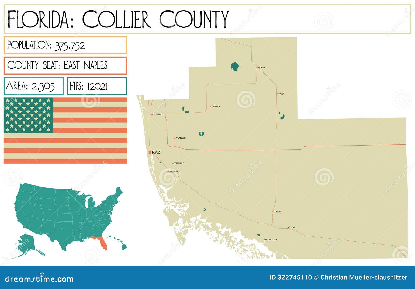 Map of Collier County in Florida USA Stock Vector - Illustration of ...