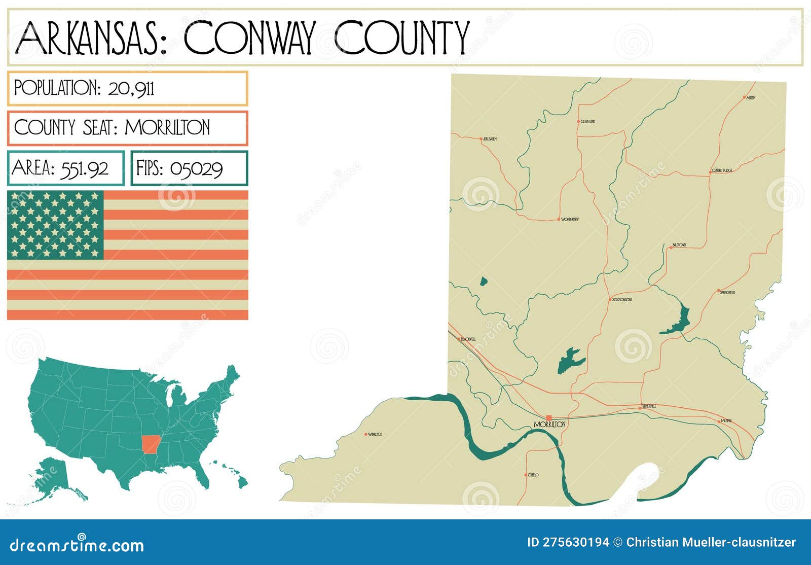 Map of Conway County in Arkansas, USA. Stock Vector - Illustration of ...