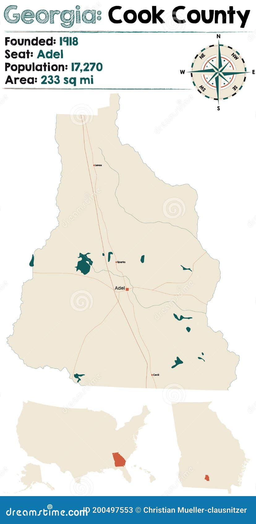 Map of Cook County in Georgia Stock Vector - Illustration of highway ...