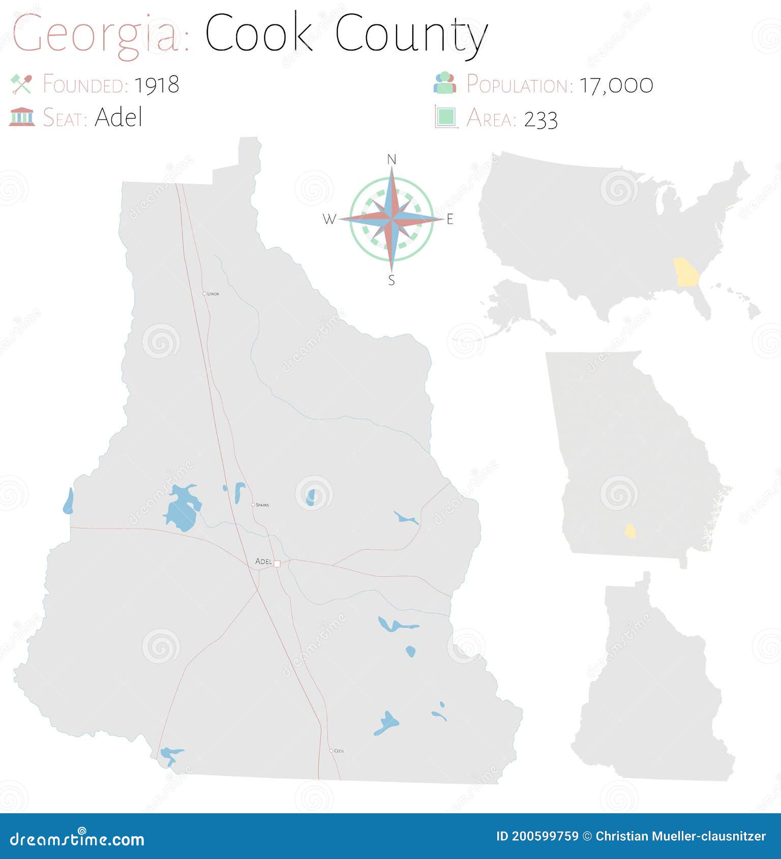 Map of Cook County in Georgia Stock Vector - Illustration of rivers ...