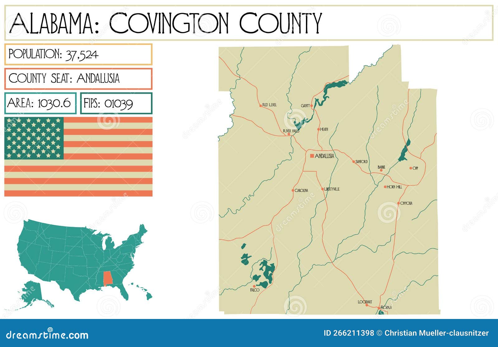 Map of Covington County in Alabama, USA. Stock Vector - Illustration of ...