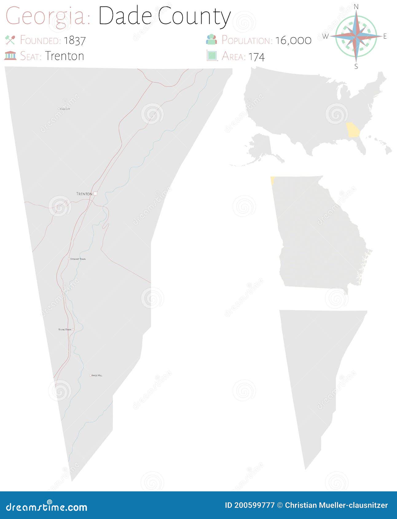 Map Of Dade County In Georgia State On White Background. Single County ...