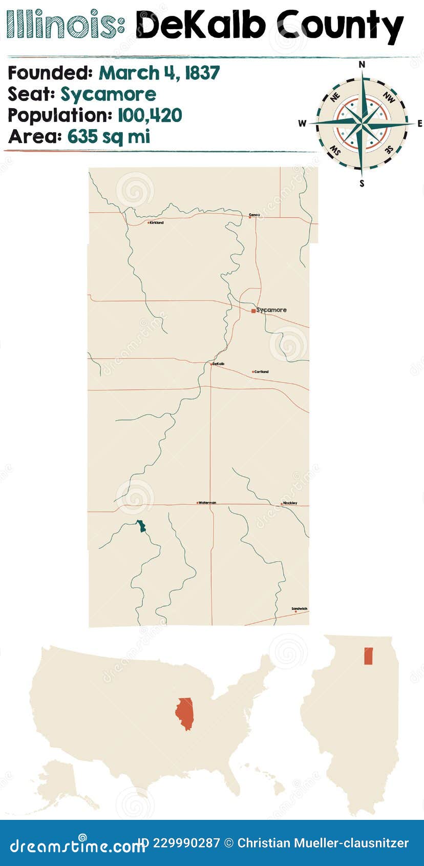 Map of DeKalb County in Illinois Stock Vector - Illustration of colors ...