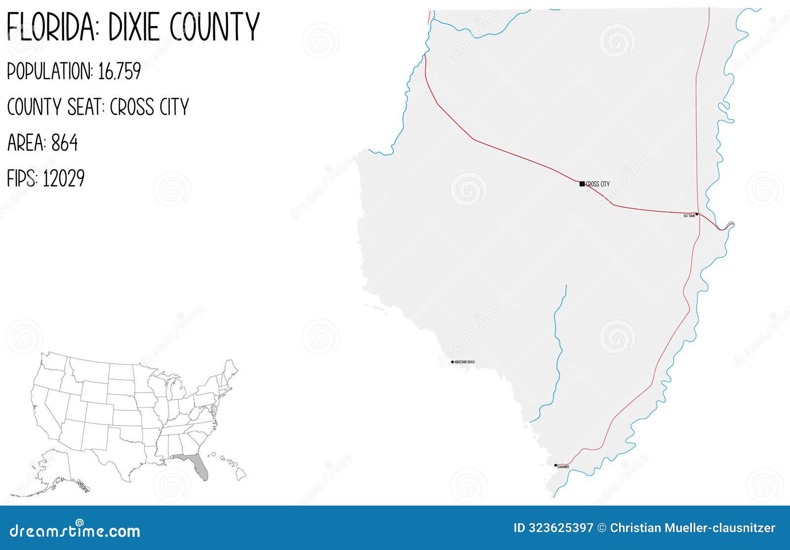 Map of Dixie County in Florida, USA. Stock Vector - Illustration of ...