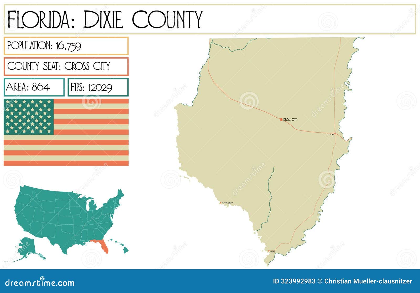 Map Of Dixie County In Florida State On White Background. Single County ...