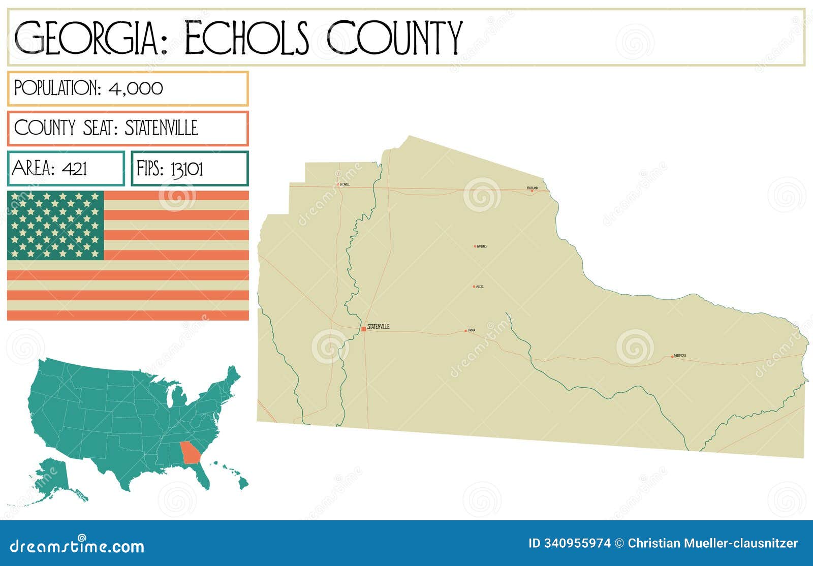 Large and Detailed Map of Echols County in Georgia Stock Illustration ...