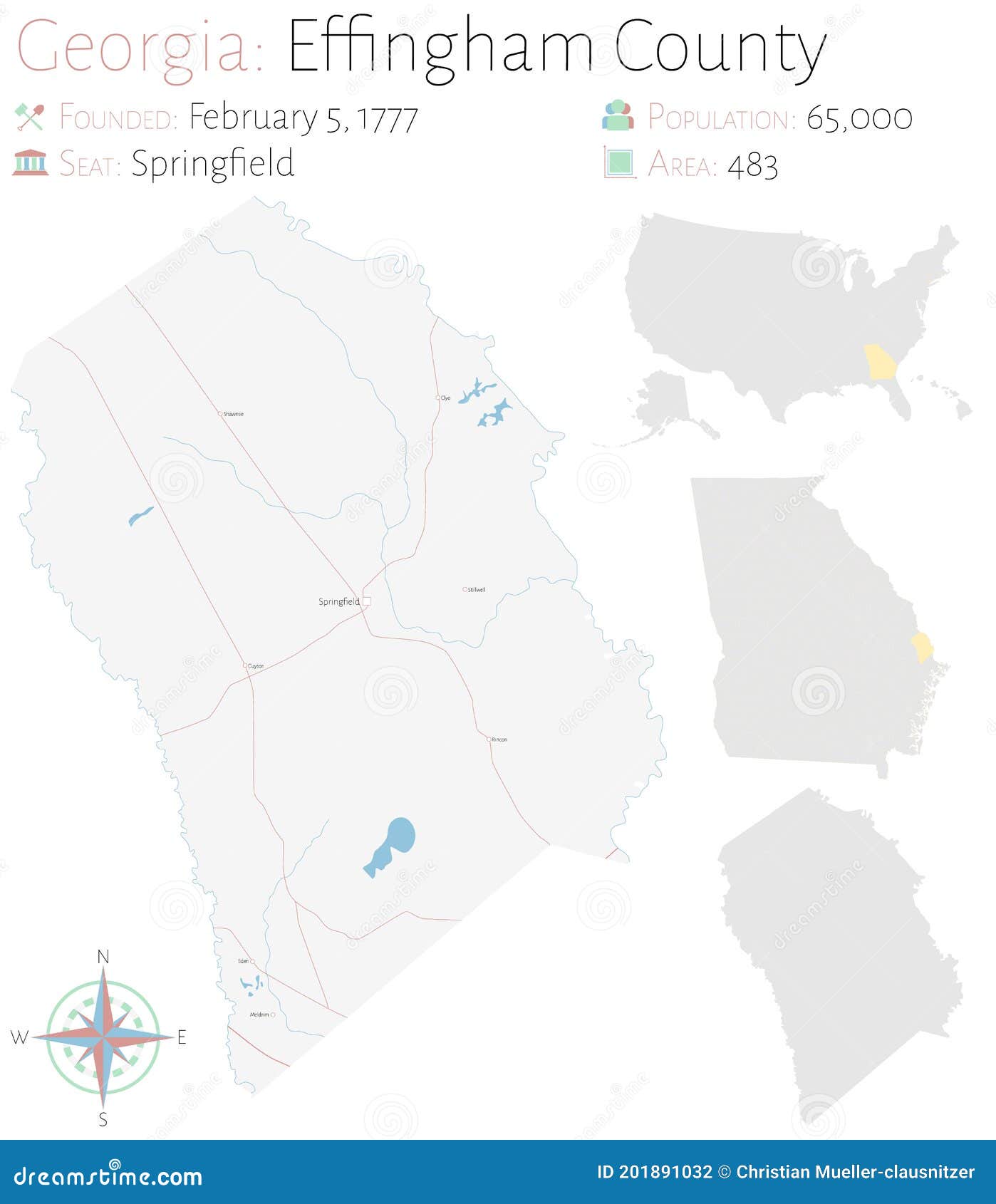 Map of Effingham County in Georgia Stock Vector - Illustration of ...