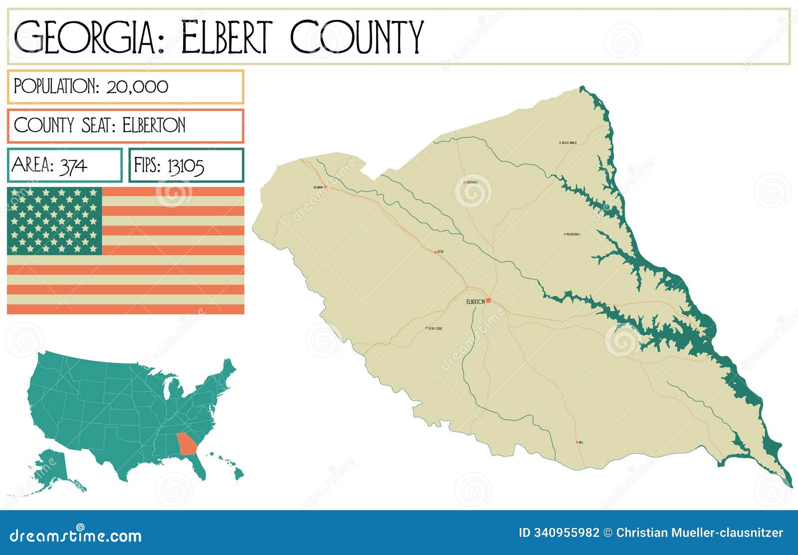 Large and Detailed Map of Elbert County in Georgia Stock Illustration ...