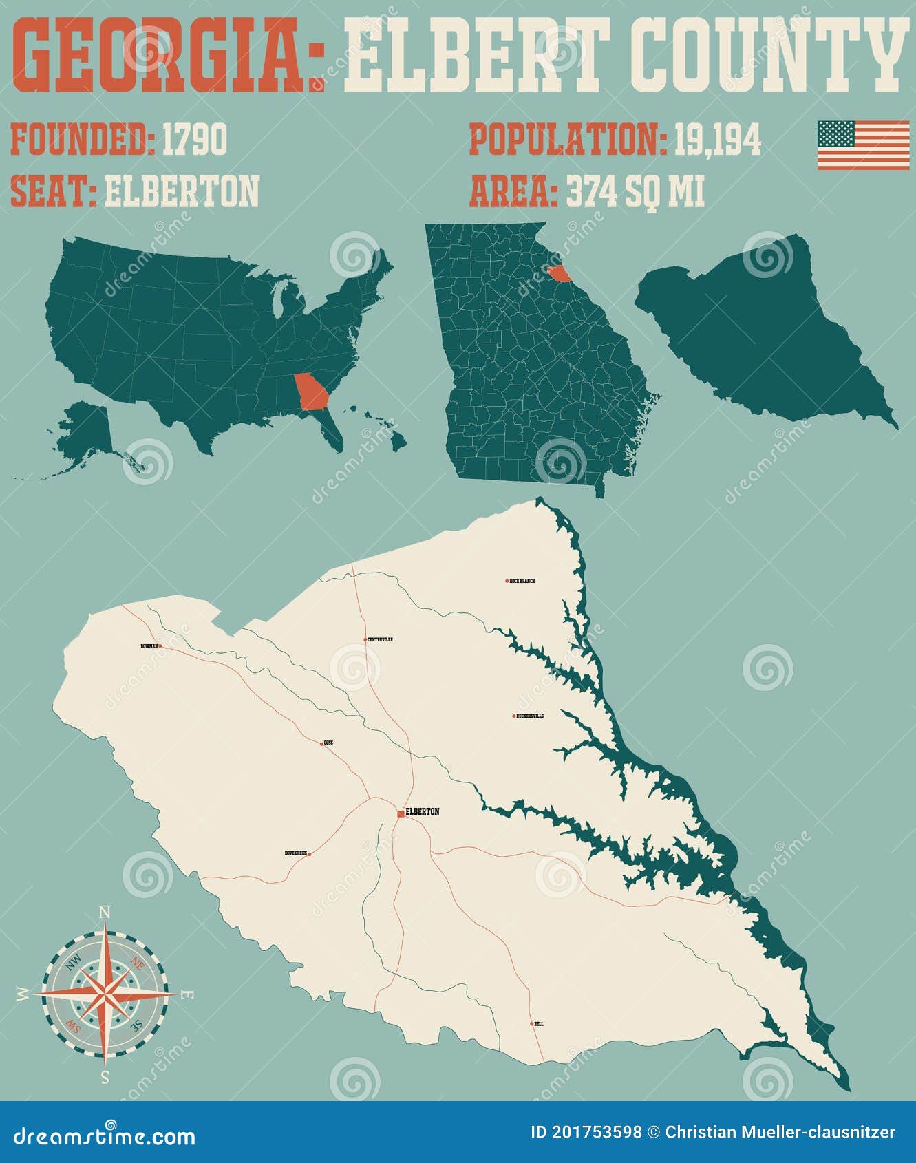 Map of Elbert County in Georgia Stock Vector - Illustration of green ...