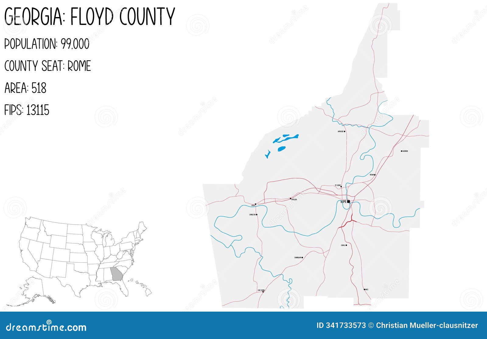Map Of Floyd County In Georgia State On White Background. Single County ...
