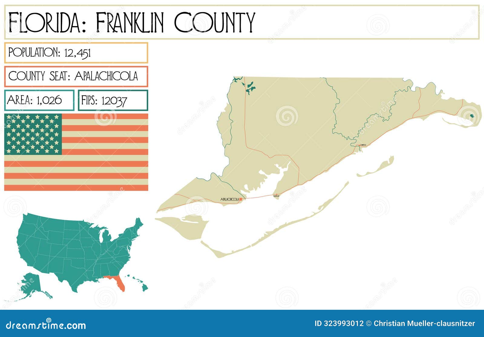 Map of Franklin County in Florida USA Stock Illustration - Illustration ...