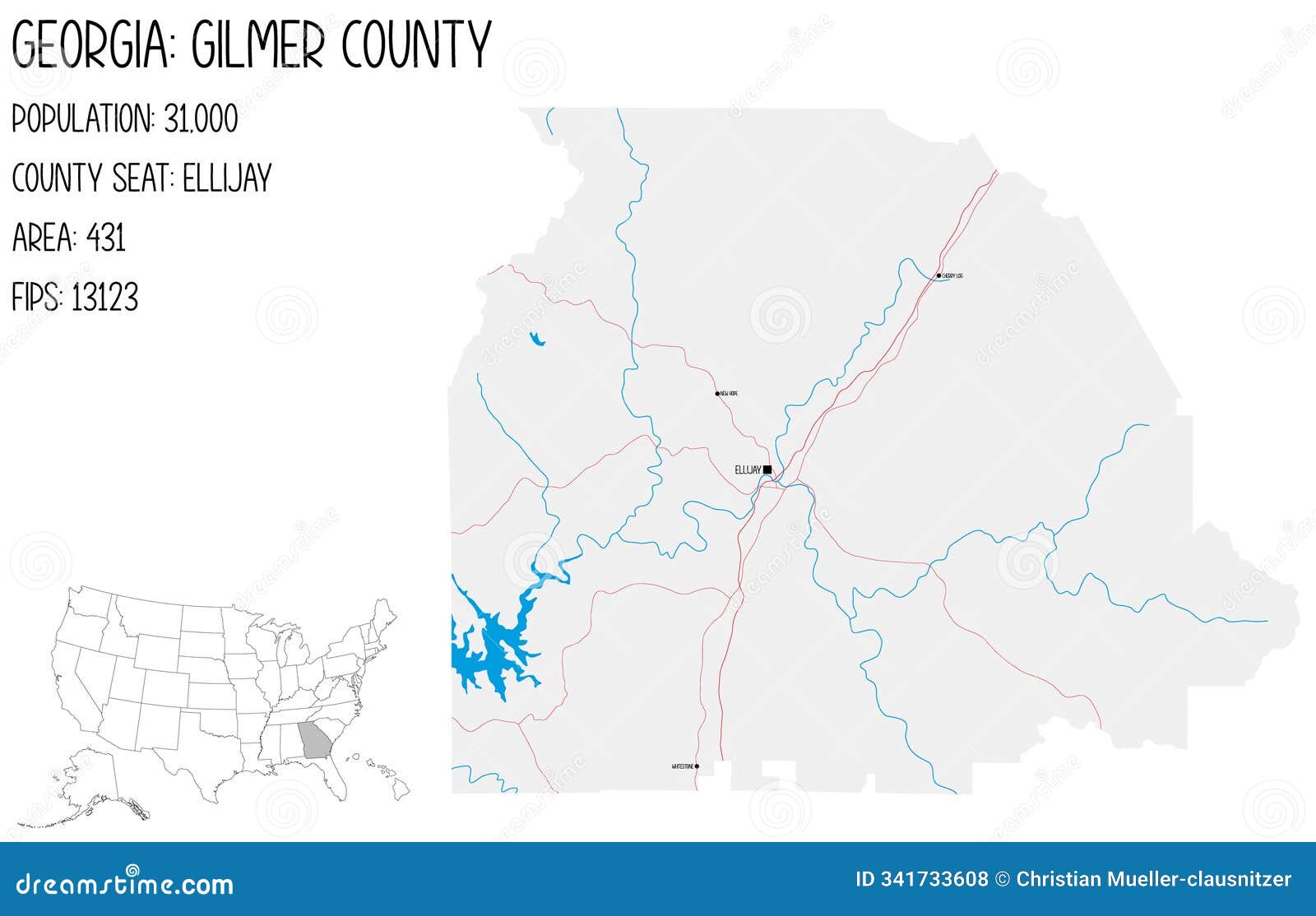 Large and Detailed Map of Gilmer County in Georgia Stock Illustration ...