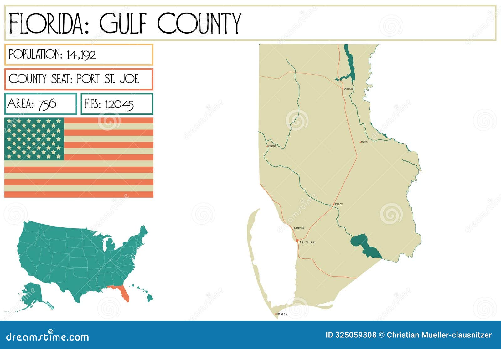 Map of Gulf County in Florida USA. Stock Illustration - Illustration of ...