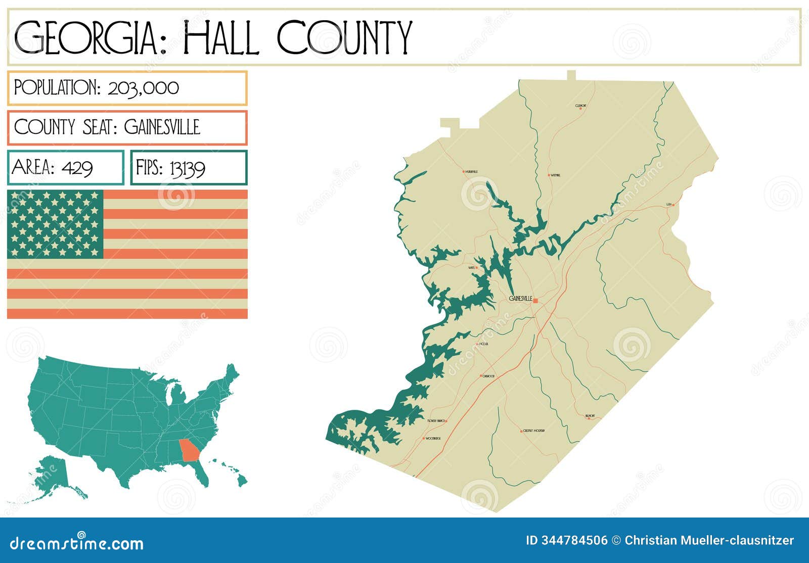 Large and Detailed Map of Hall County in Georgia Stock Illustration ...