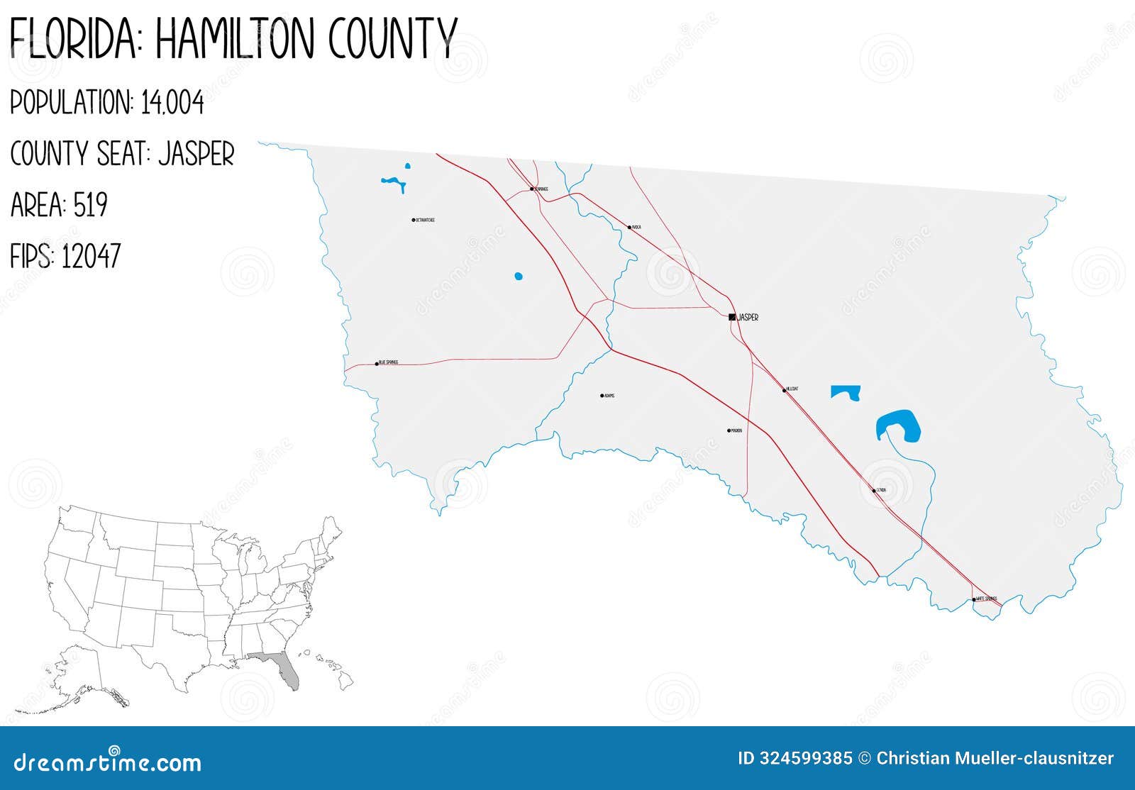Large and Detailed Map of Hamilton County in Florida Stock Illustration ...