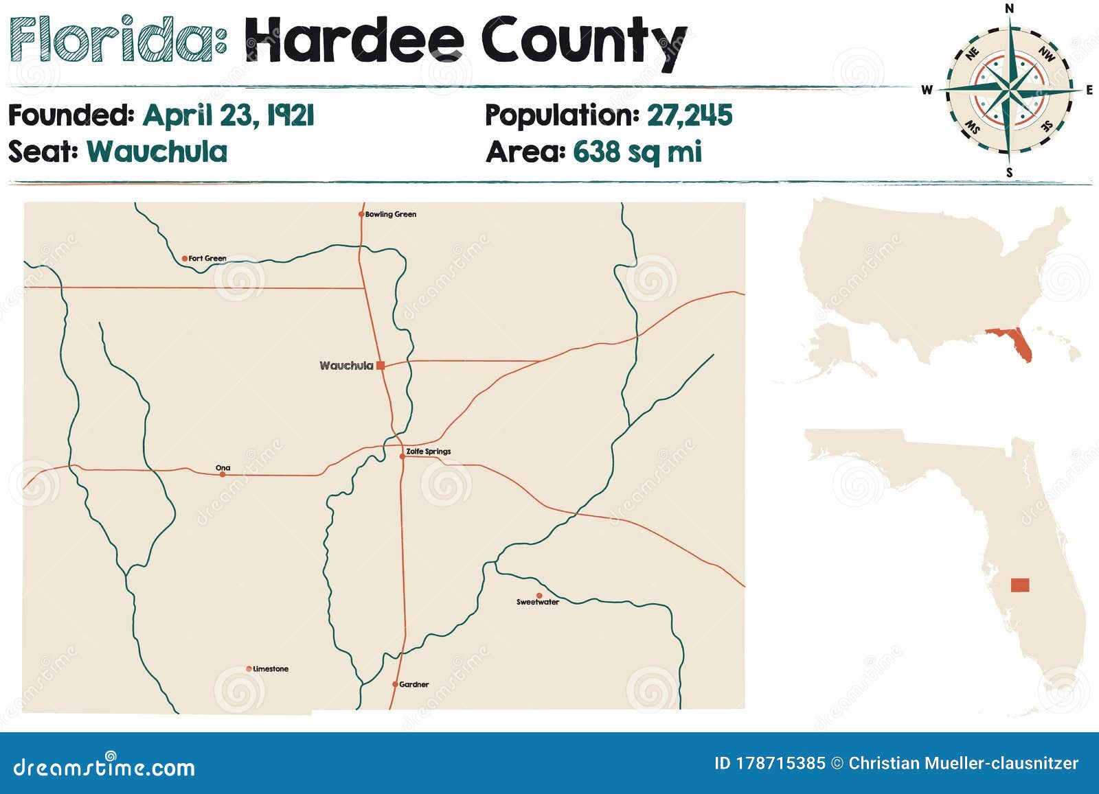 Map of Hardee County in Florida Stock Vector - Illustration of colors ...