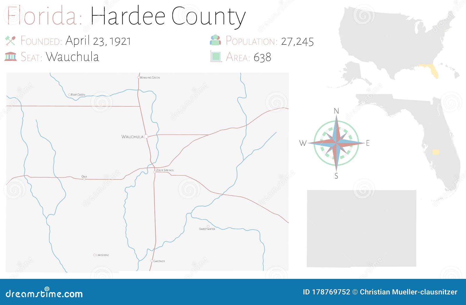 Map of Hardee County in Florida Stock Vector - Illustration of american ...