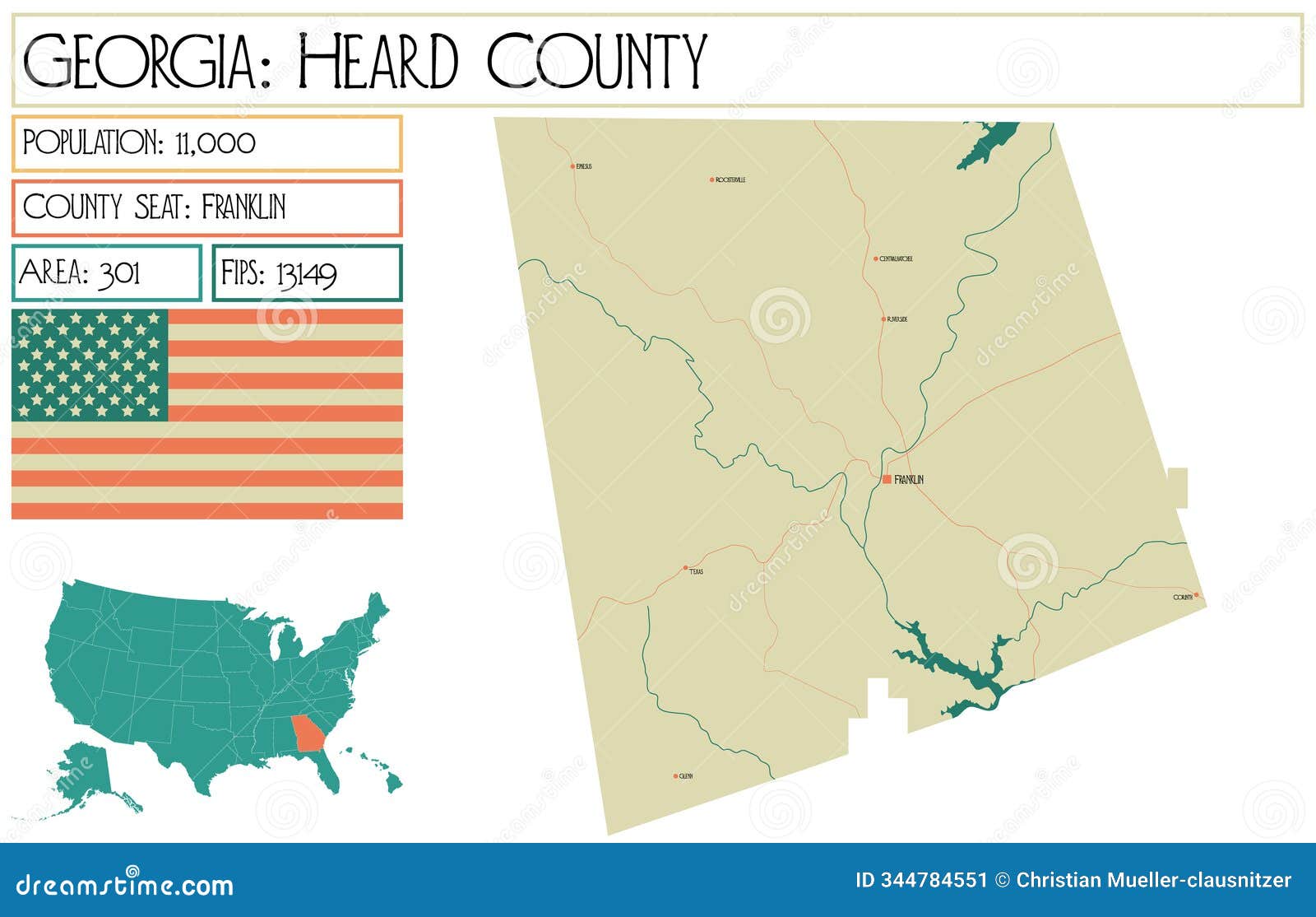 Large and Detailed Map of Heard County in Georgia Stock Illustration ...