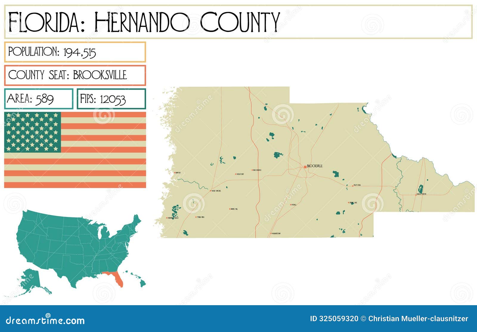 Map Of Hernando County In Florida State On White Background. Single ...