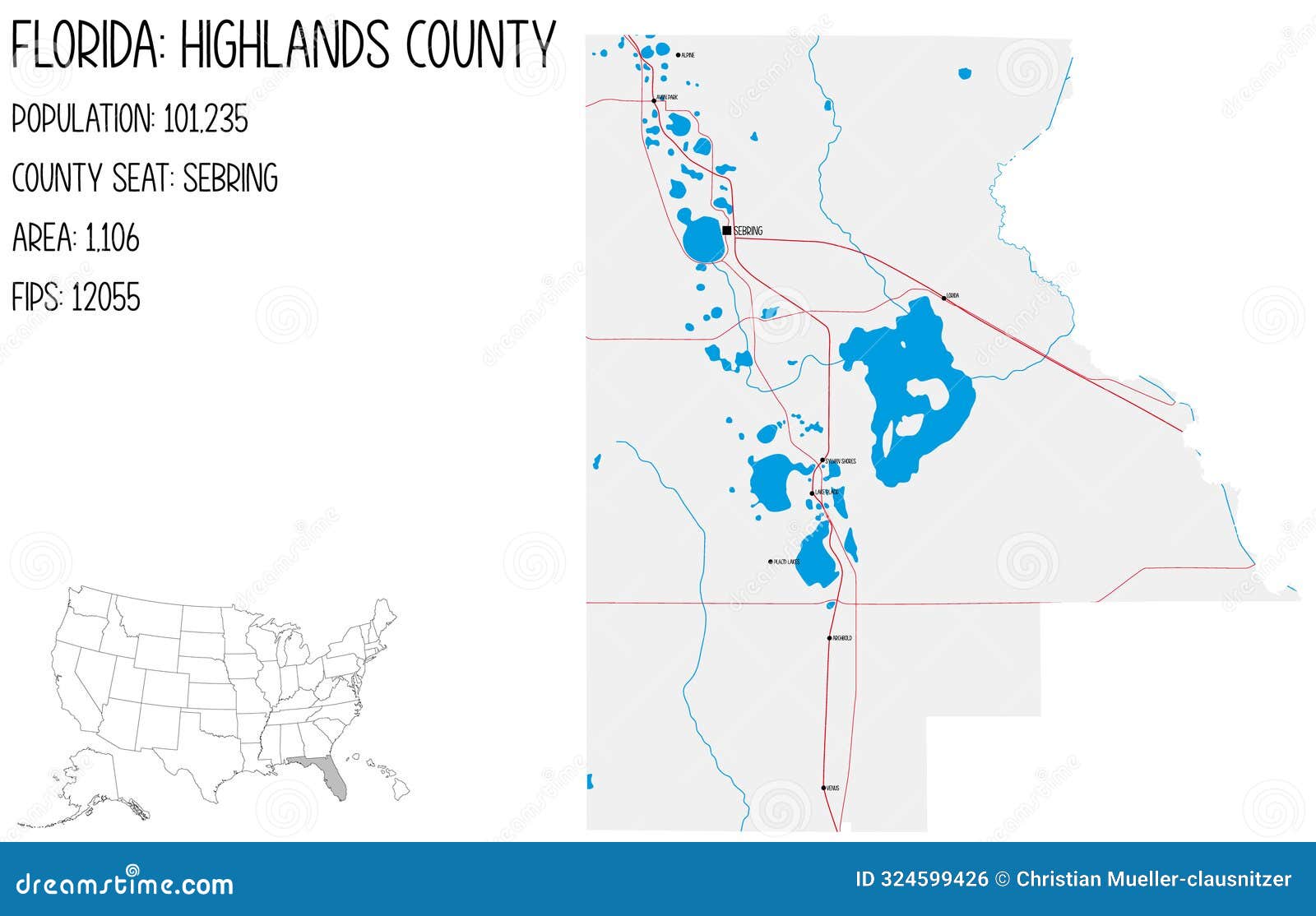 Large and Detailed Map of Highlands County in Florida Stock ...