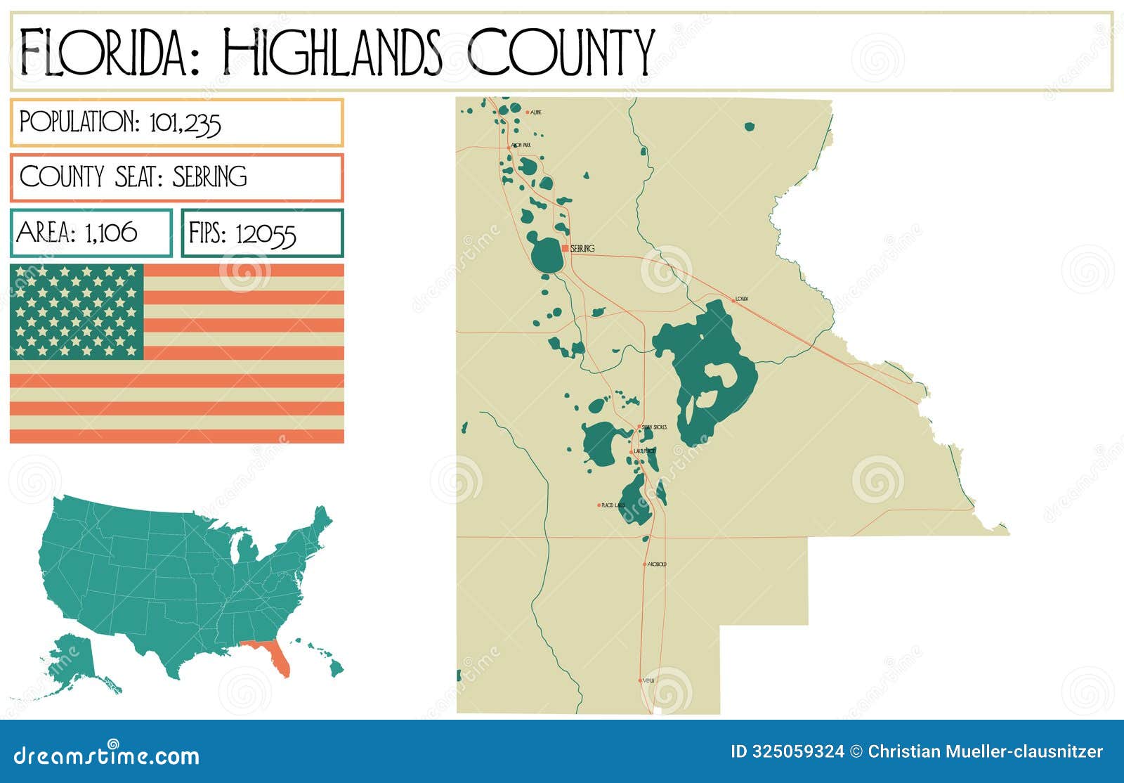 Map of Highlands County in Florida USA. Stock Illustration ...