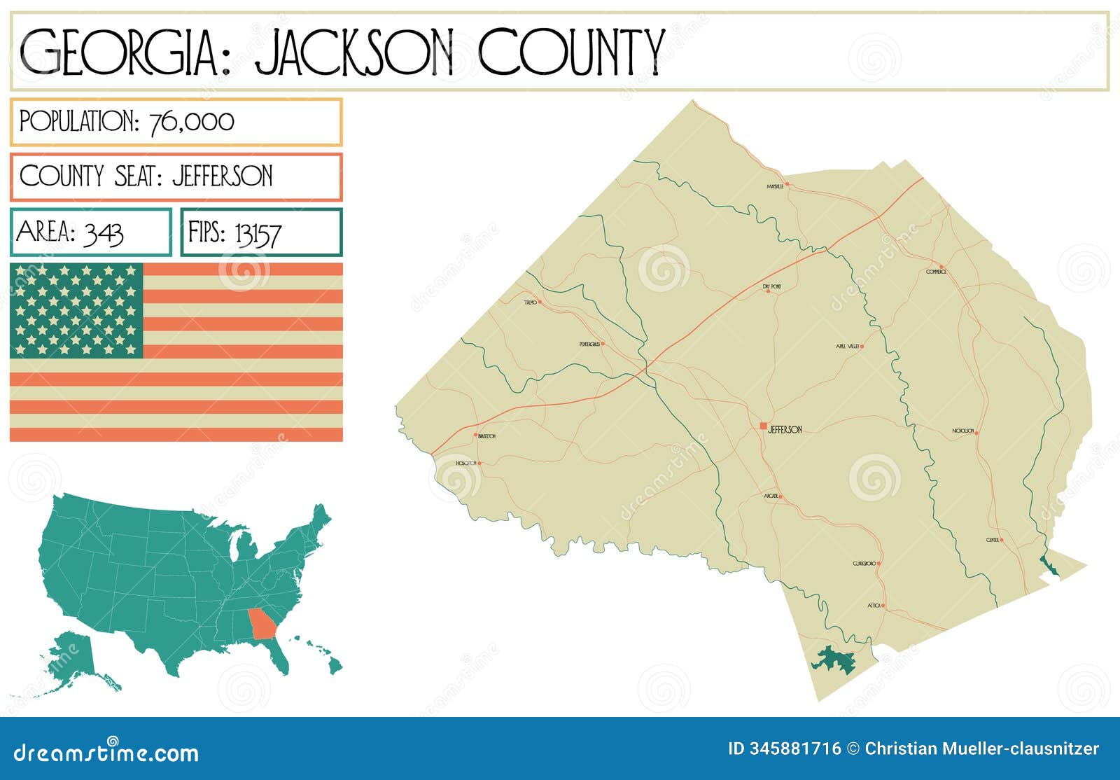 Large and Detailed Map of Jackson County in Georgia Stock Vector ...