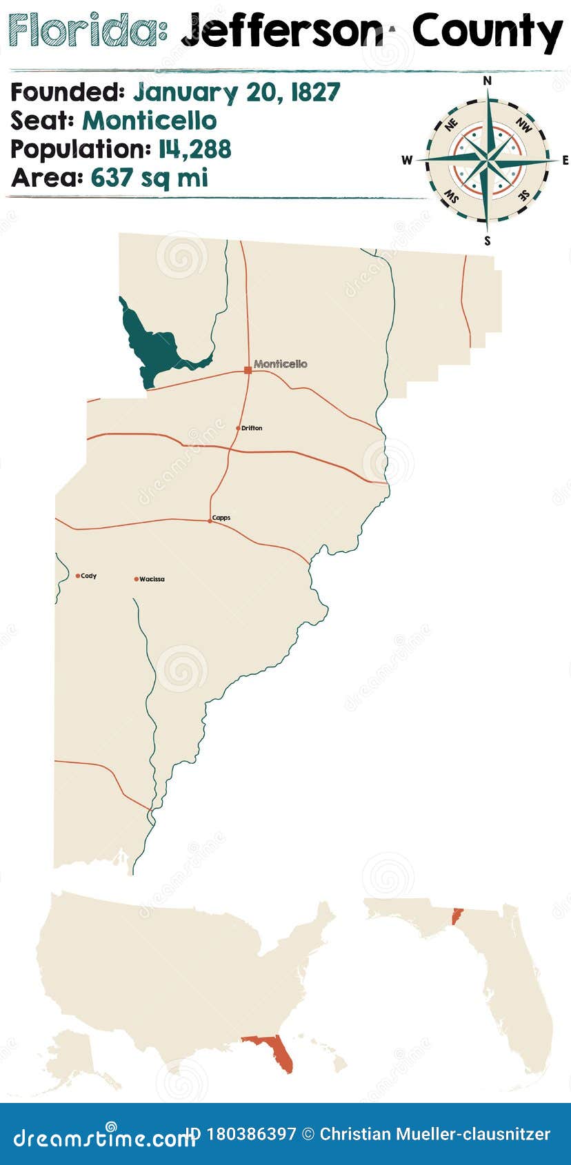 Map of Jefferson County in Florida Stock Vector - Illustration of ...